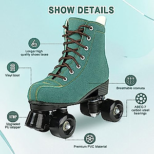 Tmore Roller Skates for Women and Men, Classic Double-Row Roller Skate High-Top Four Light up Wheels Premium Sueded Leather Outdoor Indoor Roller Skates for Adults and Teens (Green Black Wheel,41)
