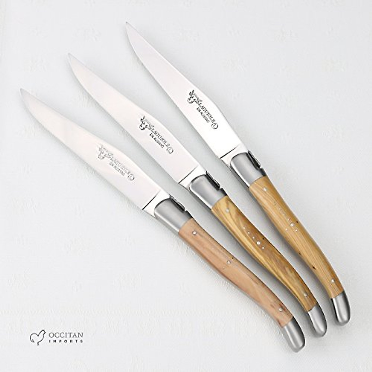 Laguiole en Aubrac Luxury Fully Forged Full Tang Stainless Steel Steak Knives 4-Piece Set with Mixed French Wood Handle, Stainless Steel Brushed Bolsters