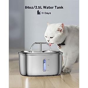Cat Water Fountain Stainless Steel, 84Oz/2.5L Pet Water Fountain Cat Dog Water Dispenser with Water Level Window and Ultra Quiet Pump for Cats and Dogs