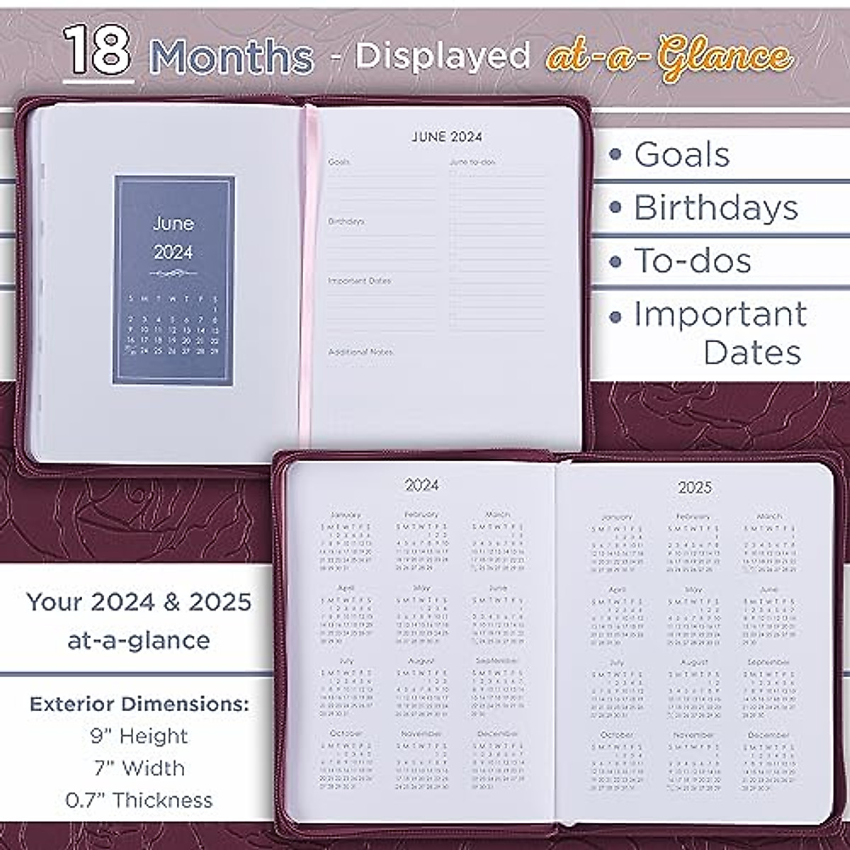 Christian Art Gifts 2024 18 Month Women's Vegan Leather Personal Planner Organizer w/Zipper Closure: Be Still & Know Inspirational Bible Verse, Daily, Weekly, Monthly Planning, Maroon Floral, Large