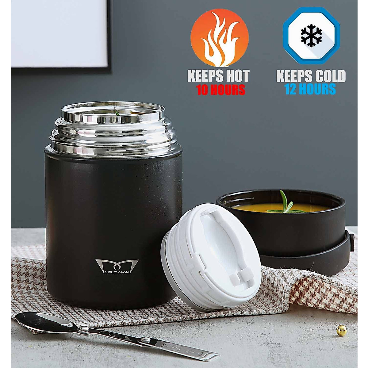 Mr.Dakai Thermal Soup Container for hot food, Insulated Lunch Container Hot Food Jar Stainless Steel Vacuum Bento Lunch Box with Folding Spoon/Bag for Office Picnic Travel Outdoors - 27oz Black