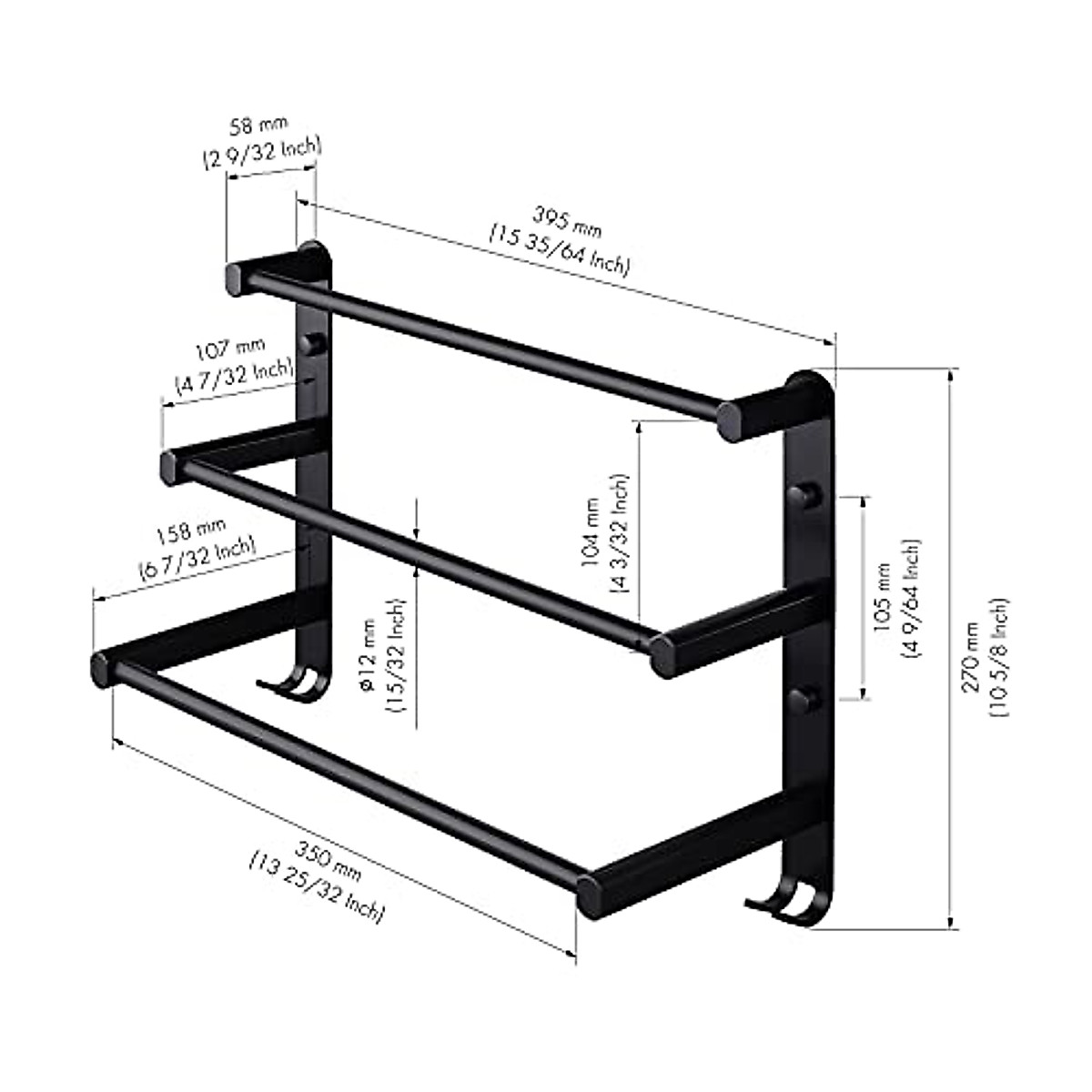KES 3-Tier Black Towel Bar 16 Inch Bathroom Towel Rack Towel Holder Rustproof Towel Hanger Slipper Rack with 2 Hooks Wall Mount, BTH400S40DG-BK