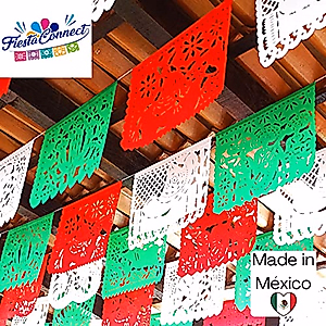 Mexican Independence Day Party Banners Tri-color (Red, green and white), Papel Picado for Fiestas Patrias 83 feet total, Pre assembled on string for easy hanging