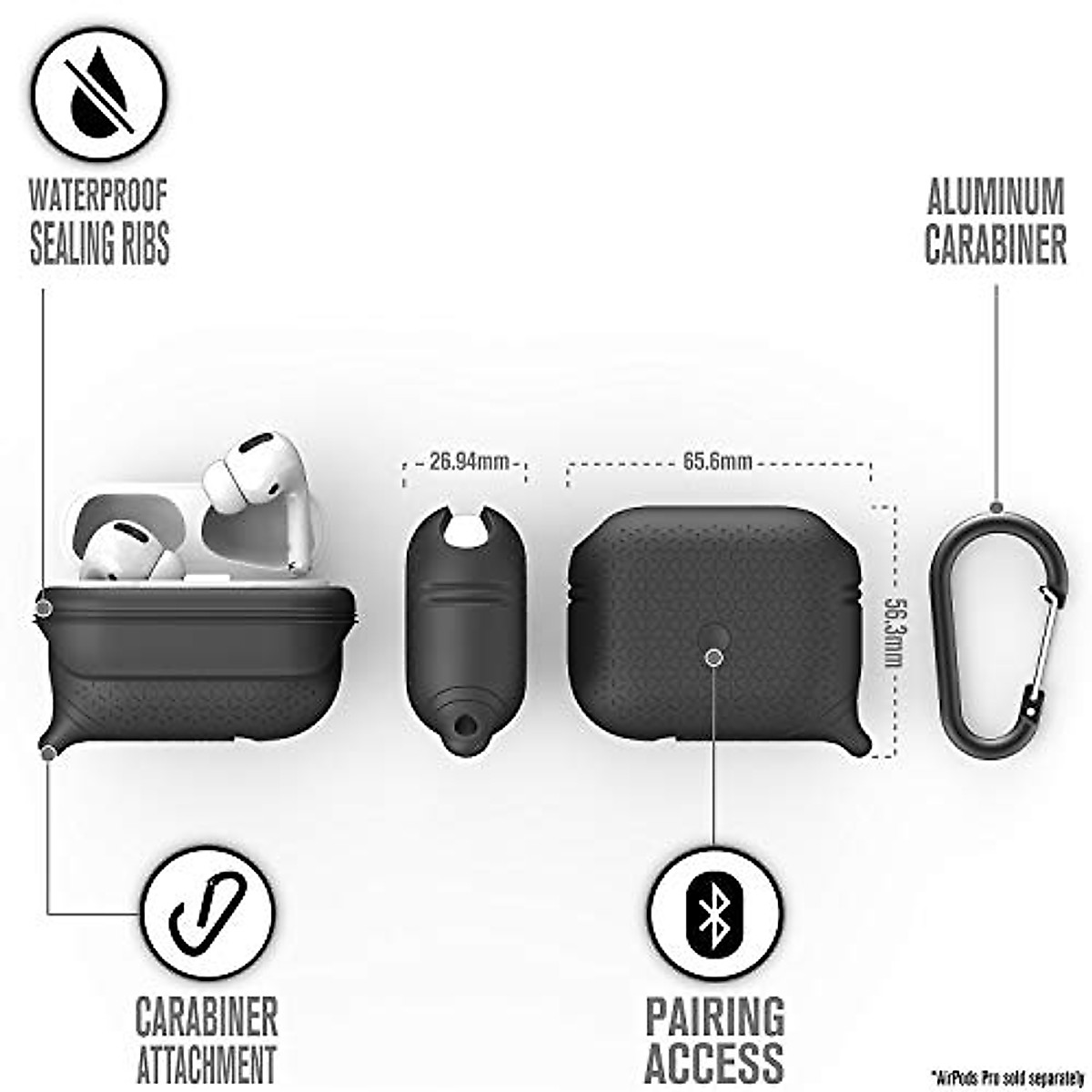 Catalyst - Waterproof Case for AirPods Pro (1st and 2nd Gen)- Premium Edition. Compatible Wireless Charging, One-Piece Design, High Drop Protection, with Carabiner, Soft-Touch - Black