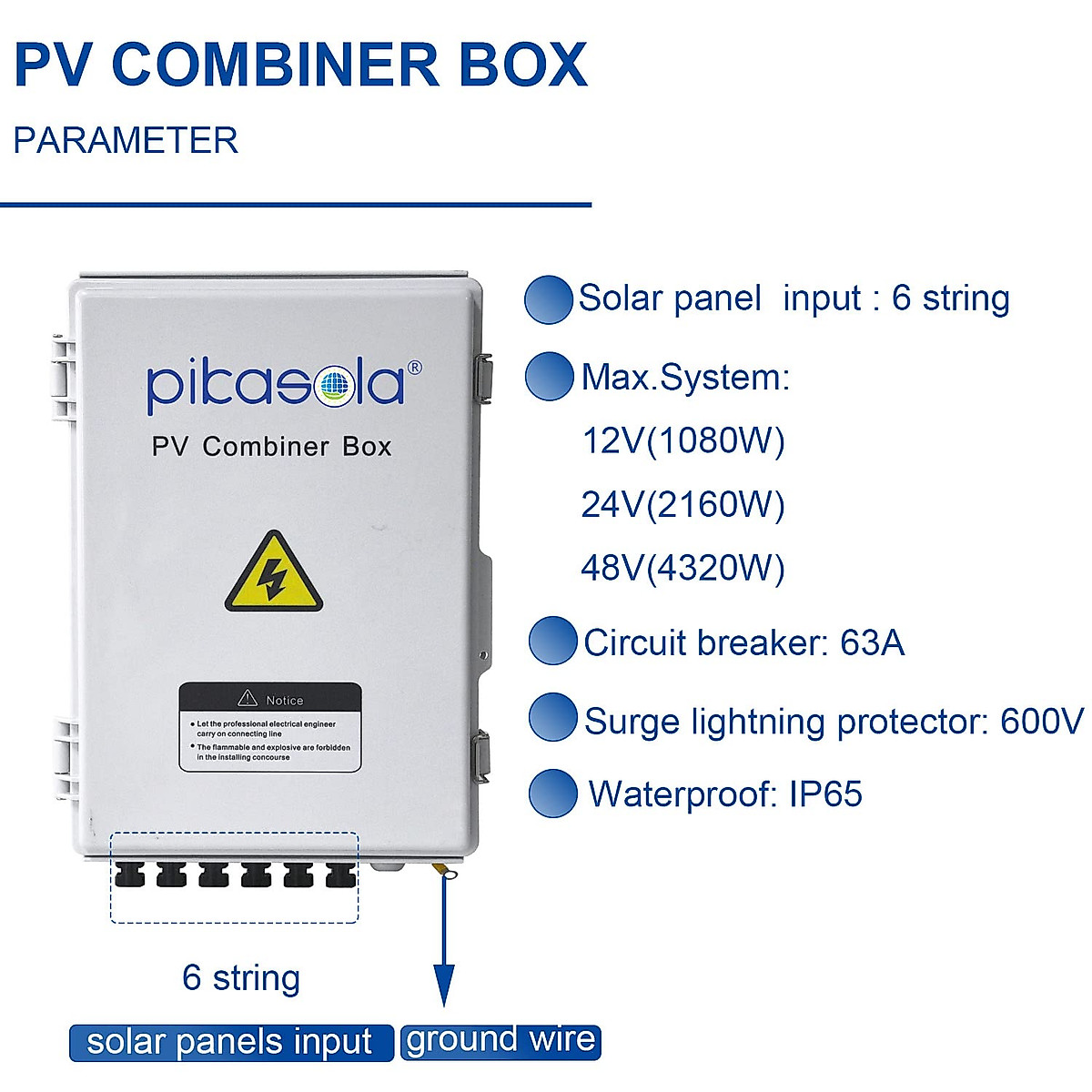 Pikasola PV Combiner Box, 6 String Solar Combiner Box with 15A LED Fuse, Lightning Arreste and 63A Air Circuit Breaker，Combiner Box for Solar Panel On/Off Grid System, IP65 Water Resistant