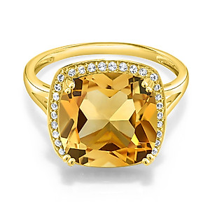 Gem Stone King 10K Yellow Gold Yellow Citrine & White Created Sapphire Ring For Women | 6.09 Cttw | Cushion Cut 12MM | Gemstone Birthstone | Ring Size 5-9