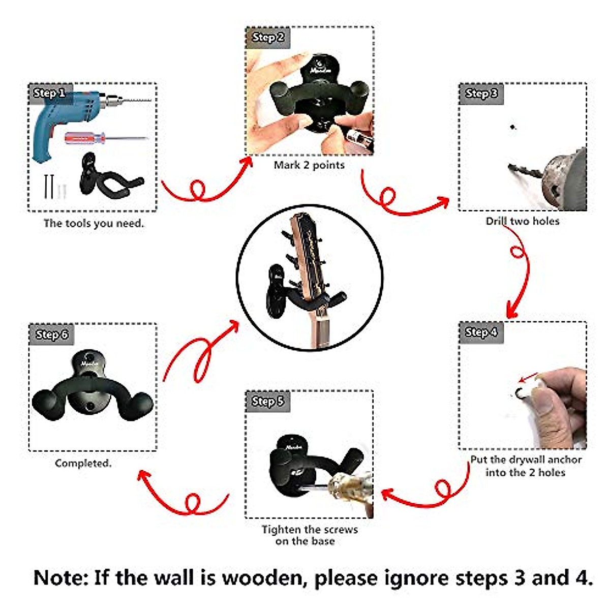 Guitar Wall Mount Hanger 4-Pack, Moodve Metal Guitar Hanger, Guitar-Shaped Guitar Wall Hanger, Black Guitar Holder Stand for Bass Electric Acoustic Guitar Ukulele (Guitar Shape)