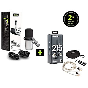 Shure MV7 USB/XLR Dynamic Microphone + SE215 Professional in-Ear Headphones for Podcasting, Recording, Streaming & Gaming, Built-in Headphone Output, Voice-Isolating Technology - Silver/Clear