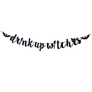 MAGQOO Drink Up Witches Banner Black Glittery Witches Mystery Party Decorations Bar Halloween Banner Decorations