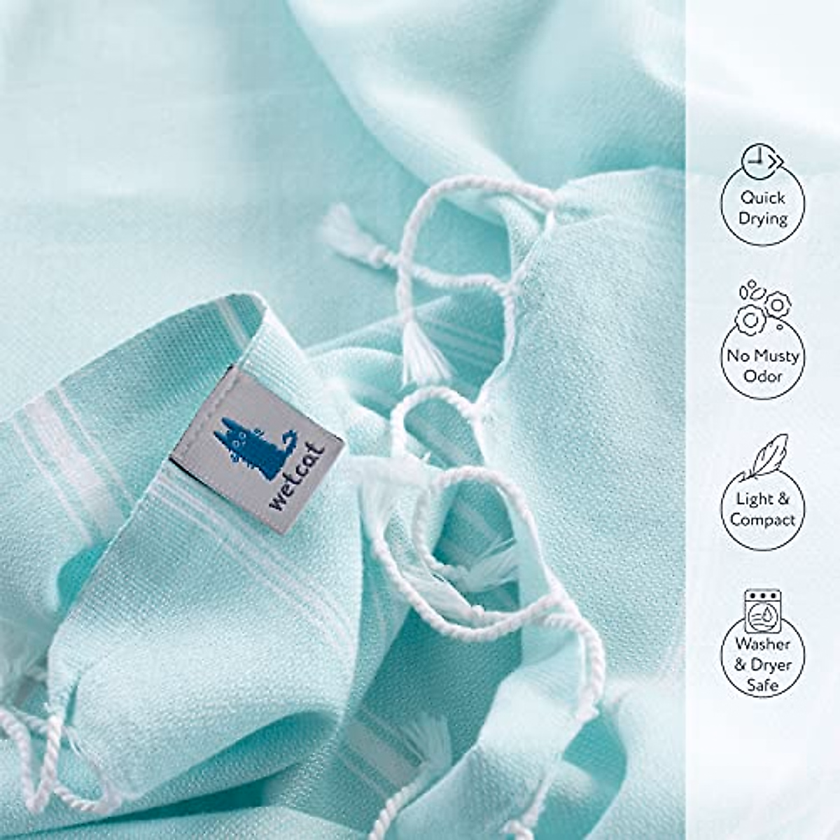 WETCAT Turkish Beach Towel Oversized 38x71 100% Cotton Sand Free Quick Dry Towel Extra Large Turkish Towel Light Travel Towel for Adults Beach Gifts Beach Accessories - Aqua