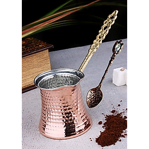 Turkish Coffee Pot and Copper Spoon Set - 9 Oz Thick 2mm Antique Copper Looking - Stove top Coffee Maker Cezve with Copper Handle & Copper Spoon - for 3 People