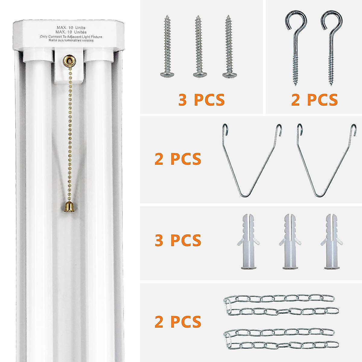 OOOLED 4FT Linkable LED Shop Light for garages,42W 4800LM 5000K Daylight White,LED Ceiling Light, with Pull Chain (ON/Off),Linear Worklight Fixture with Plug,5-Year-Warranty,5000k 4PK