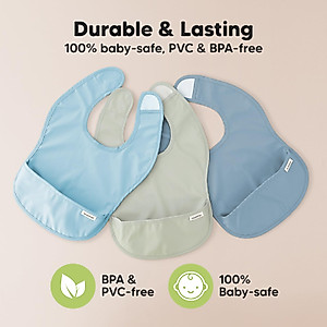 3-Pack Waterproof Baby Bibs for Eating - Lightweight Baby Bib with Food Catcher, Mess Proof Toddler Bibs, Waterproof Bibs for Baby Boys, Baby Girls, Feeding Bibs, Drool Bibs, Baby Food Bibs (Ocean)