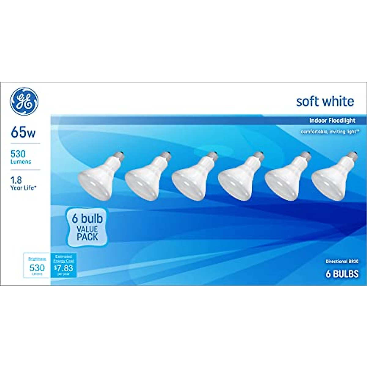 GE Incandescent Flood Light Bulbs, BR30 Flood Lights, 65-Watt, 615 Lumen, Medium Base, Soft White, 6-Pack, Indoor Flood Light Bulbs, Recessed Light Bulbs for Indoors