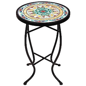 Elevon 14 Inch Round Side Ceramic Tile Top Indoor and Outdoor Accent Table, Pineapple