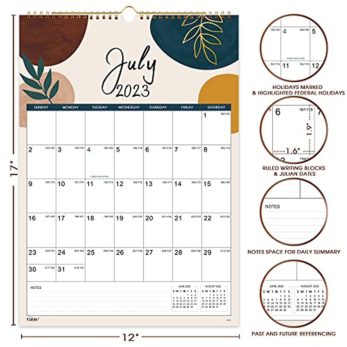 Calendar 2023-2024 - Aug. 2023 - Dec. 2024, 2023-2024 wall calendar with 18 Months, 17" x 12", Twin-Wire Binding + Hanging Hook + Large Blocks with Julian Dates, 2023-2024 Calendar for Organizing - Colorful Lump