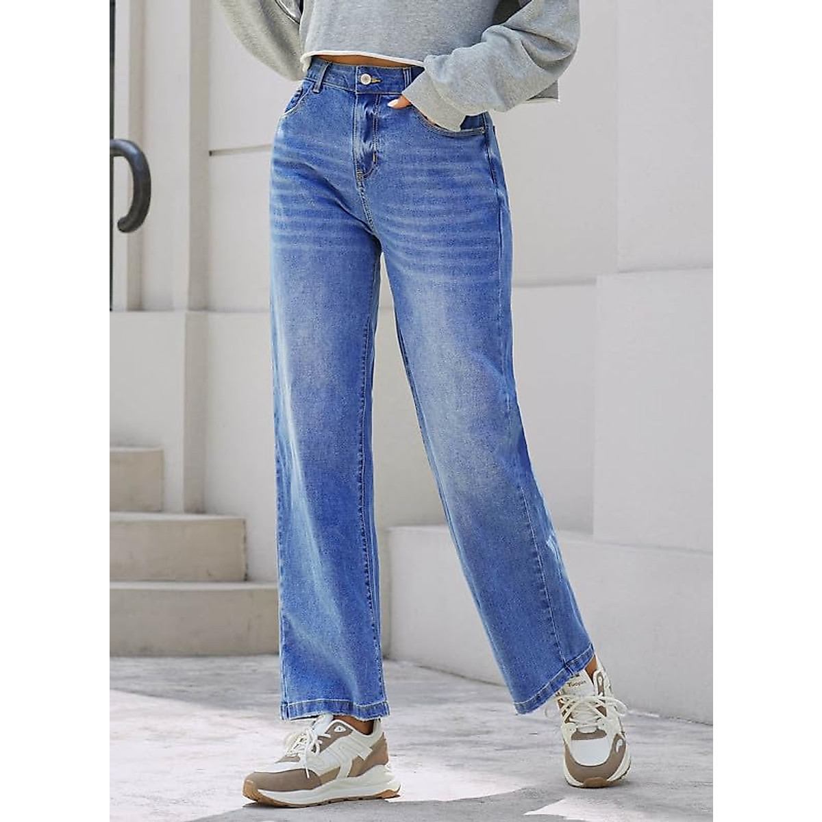 Dokotoo Womens Loose Casual High Waisted Baggy Jeans Stretch Boyfriend Straight Leg Denim Long Pants for Women Girls Sky Blue Size 10