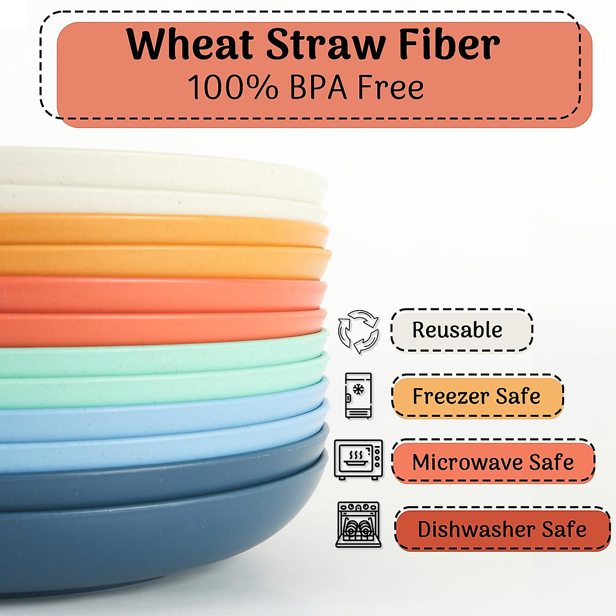 Walpck Wheat Straw Plates, Unbreakable Dinner Plates Set of 12, Dishwasher & Microwave Safe Plastic Plates Reusable, Lightweight Plates for kitchen (Dopamine, 9 IN)