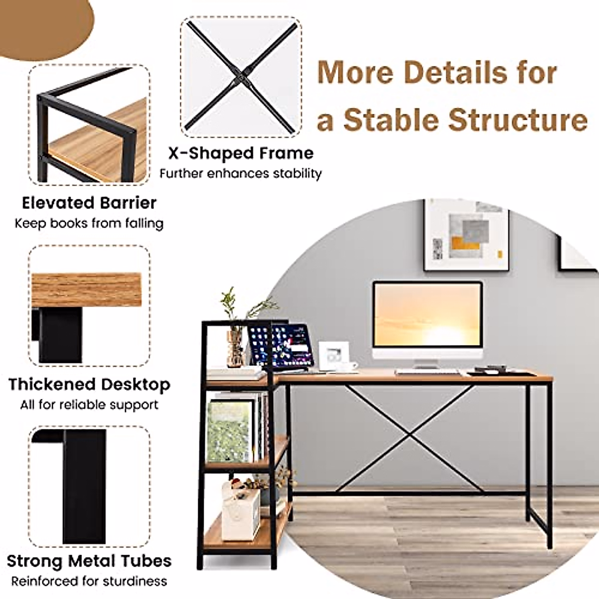Tangkula Reversible L-Shaped Computer Desk, Space Saving Corner Desk with 3-Tier Storage Shelves & Metal Frame, Modern Executive Home Office Desk, PC Laptop Desk Workstation for Small Space (Walnut)
