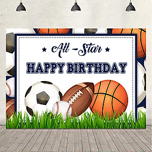 Ticuenicoa 7x5ft Ball Sports Happy Birthday Backdrop All Star Boys Football Basketball Baseball Rugby Kids Birthday Background Portrait Party Decoration Cake Table Photo Studio Booth Prop