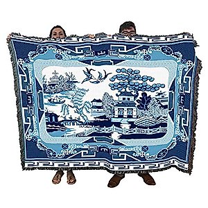 Pure Country Weavers Blue Willow Blanket - Asian Gift Tapestry Throw Woven from Cotton - Made in The USA (72x54)