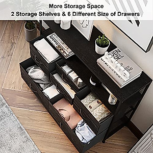 Simoretus TV Stand with Power Outlet and Fabric Drawers Entertainment Center for TV up to 45 inch Industrial Open Storage Shelf Media Console Dresser for Living Room Bedroom Charcoal Black