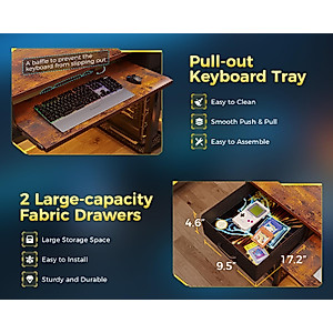 ODK Computer Desk with LED Lights & Power Outlet, 48 Inch Gaming Desk with Keyboard Tray & Drawers & Storage Shelves, Office Table Work Desk with Monitor Stand & PC Stand, Rustic Brown