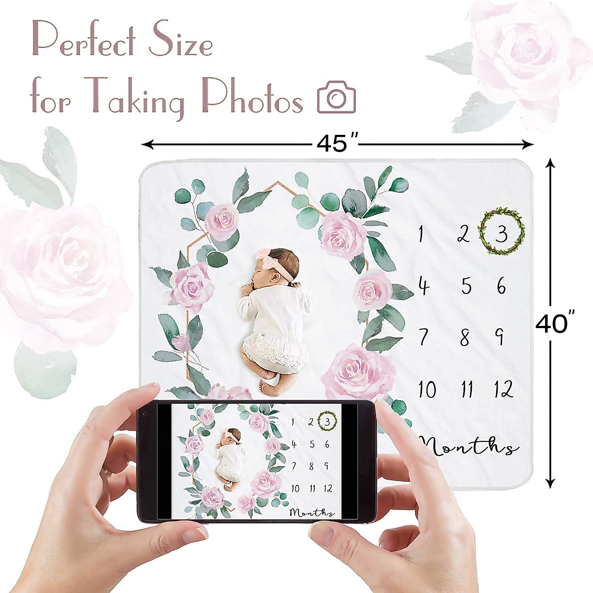 Baby Milestone Blanket for Baby Girl, Baby Monthly Milestone Blanket Girl, Newborn Baby Blankets for Girls Months Photography Background, Baby Growth Chart Blanket, Floral Nursery Blanket