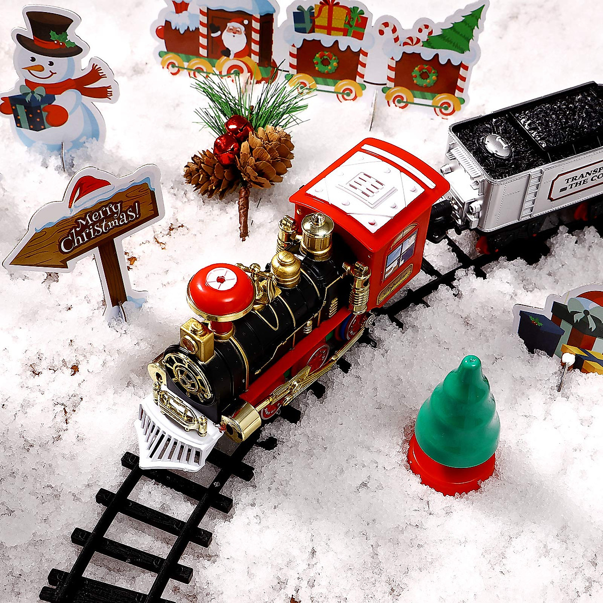 Toyvian Christmas Railway Train Set with 47.2" Railway Track & 4 Cars Lights and Sounds Railway,Battery Operated Locomotive Engine Play Set Electronic Toys Gift for Kids