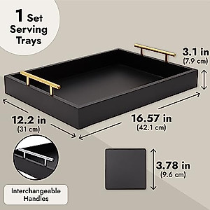 Black Serving Tray for Coffee Table, 16x12 with Coasters, Decorative Interchangeable Gold andSilver Handles
