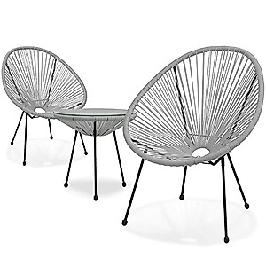 MoNiBloom 3 Piece Outdoor Seating Acapulco Chair, Modern Patio Furniture Outdoor Conversation Set, Glass Top Table and 2 Metal Steel Chairs for Garden Poolside Balcony, Weight Capacity 250 lbs, Grey