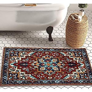 YoKii Southwest Persian Oriental Bathroom Rug Shaggy Soft Faux Wool Rubber Backing Non-Slip Bath Mat Boho Vintage Tribal Traditional Shag Bath Rugs Floral Medallion Washable (Red, 16 x 24)