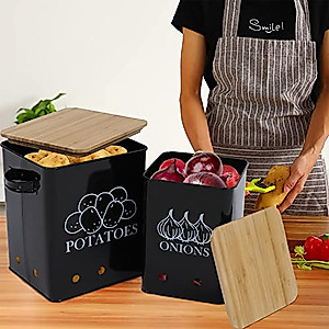 Xbopetda Potato Onion Storage Bin, Kitchen Storage Canister Set of 2, Kitchen Pantry Organizer Tin - Vegetable Fresh Keeper with Aerating Tin Storage Holes & Wooden Lid (Black)