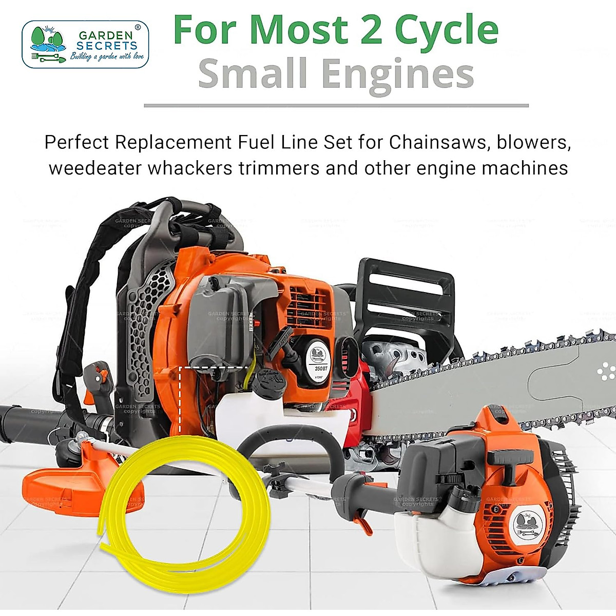 GARDEN SECRETS (4 Sizes) 2-Stroke Garden Power Tools Fuel Line Replacement Kit. Fuel Hose Fuel Tube for String Trimmer Chiansaw Blower Power Tools with Small Engine, Nitro Engine. (Yellow, 4ft each)