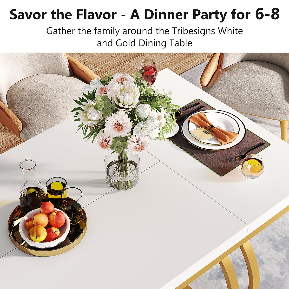 Tribesigns Modern Dining Table, 70.9 inches Wood Dinner Room Table for 6-8 People, Rectangular Kitchen Table with Gold Metal Circular Base for Kitchen, Dining Room, Living Room, White & Gold