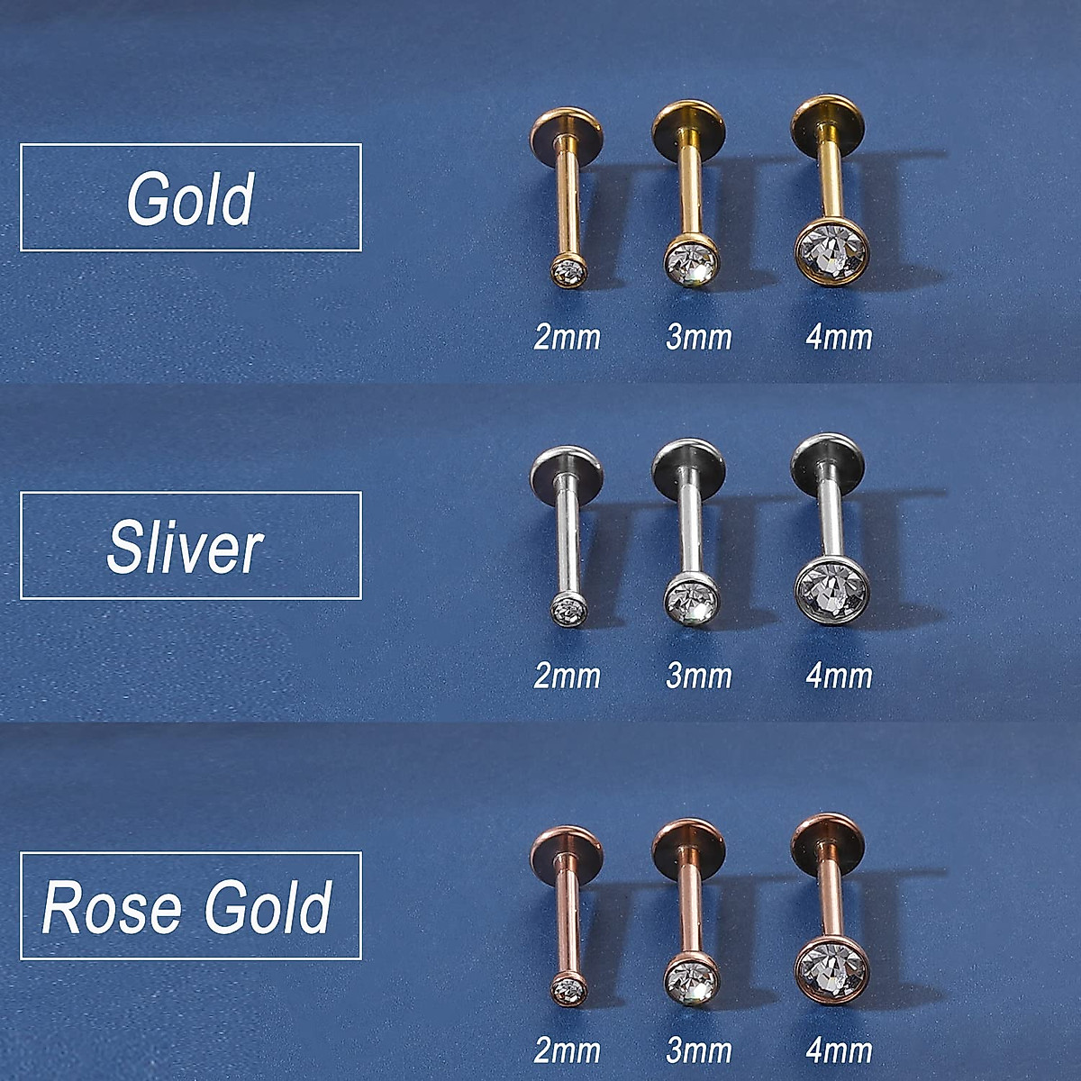 ZS 9Pcs 16G/18G/20G Threadless Push in Lip Labret Nose Studs, Stainless Steel Piercing Jewelry for Conch Medusa Piercing, CZ Forward Helix Tragus Earring for Women Men (Stick CZ/16g/8mm)