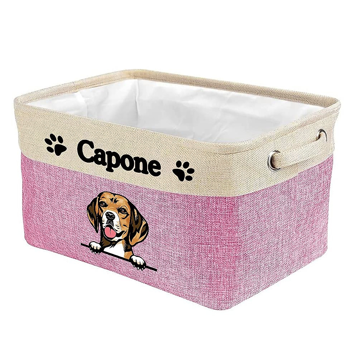 MALIHONG Personalized Foldable Storage Basket with Cute Dog Beagle Collapsible Sturdy Fabric Pet Toys Storage Bin Cube with Handles for Organizing Shelf Home Closet, Pink and White