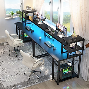 Besiost Gaming Desk with Lights & Power Outlets, 39.4' Computer Desk with Shelves, Small Desk for Small Space, Writing Desk with Monitor Stand, Black