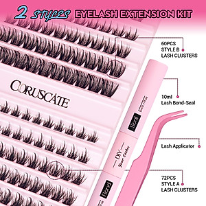 DIY Lash Extension Kit 2 Styles Lash Clusters 132pcs Eyelash Extension Kit D Curl Individual Lashes Wispy 8-16mm Eyelash Clusters Lash Kit with Lash Bond and Seal Lash Tweezers for Eyelash Extension