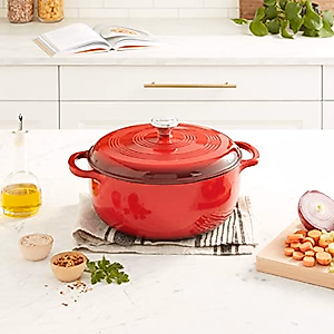Lodge 7.5 Quart Enameled Cast Iron Dutch Oven with Lid – Dual Handles – Oven Safe up to 500° F or on Stovetop - Use to Marinate, Cook, Bake, Refrigerate and Serve – Island Spice Red