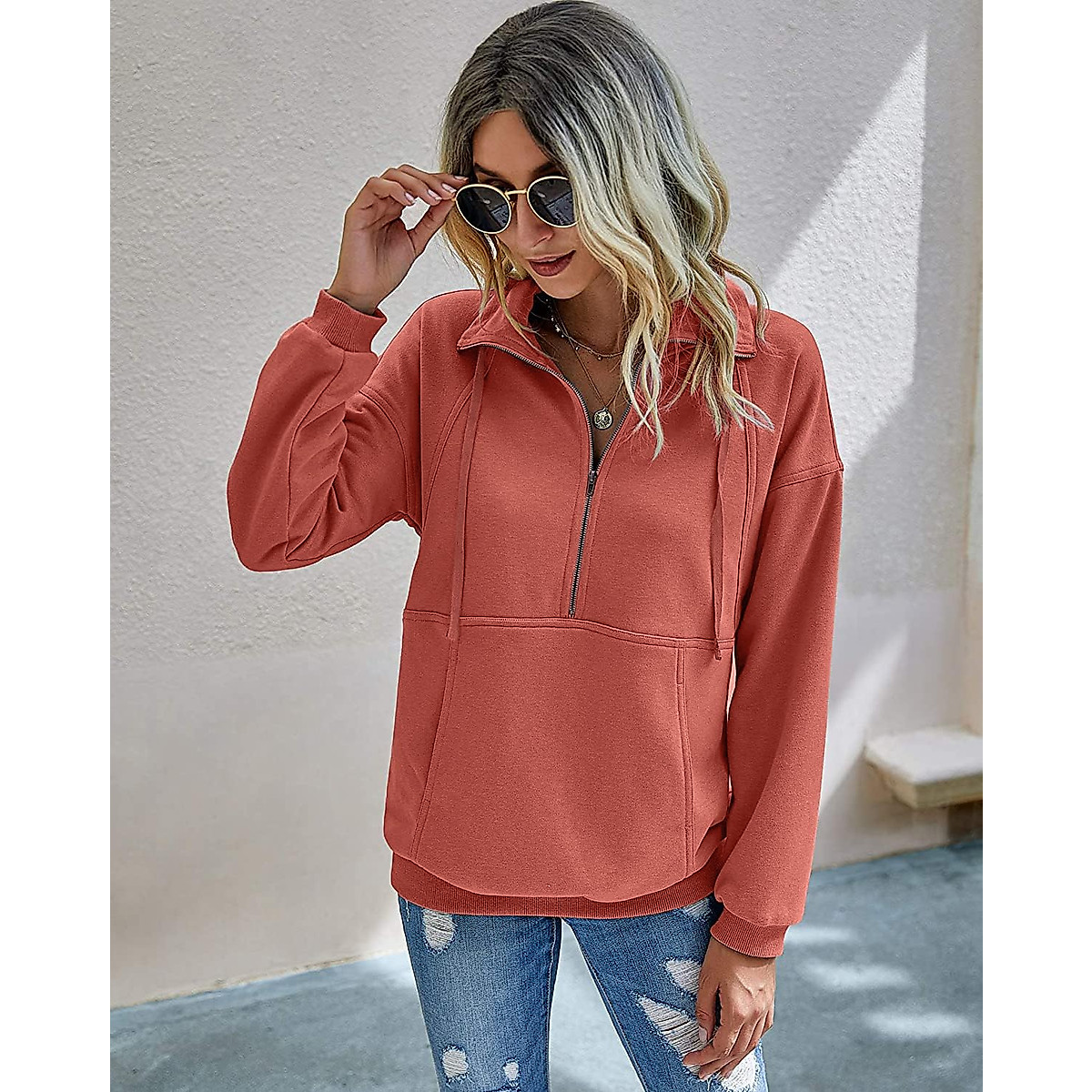 PRETTYGARDEN Women’s Casual Long Sleeve Lapel Zipper Sweatshirt Drawstring Loose Pullover Tops Orange Red