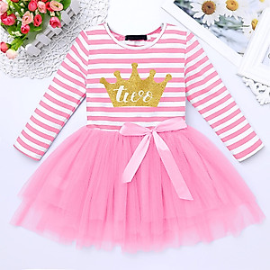 Baby Girls Shinny Striped 1st/2nd/3rd Birthday Long Sleeve Printed Princess Cake Smash Tutu Tulle Dress Toddler Kids Outfit Pink Crown (Two Year) One Size