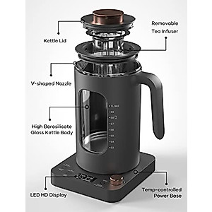 Electric Kettle, INTASTING Wide Opening Glass Kettle with Tea Infuser, 9 Smart Presets, Auto Memory, Mute, 1200W Fast Heating, BPA-Free, Easy to Clean, for Tea Bag, Dark Grey