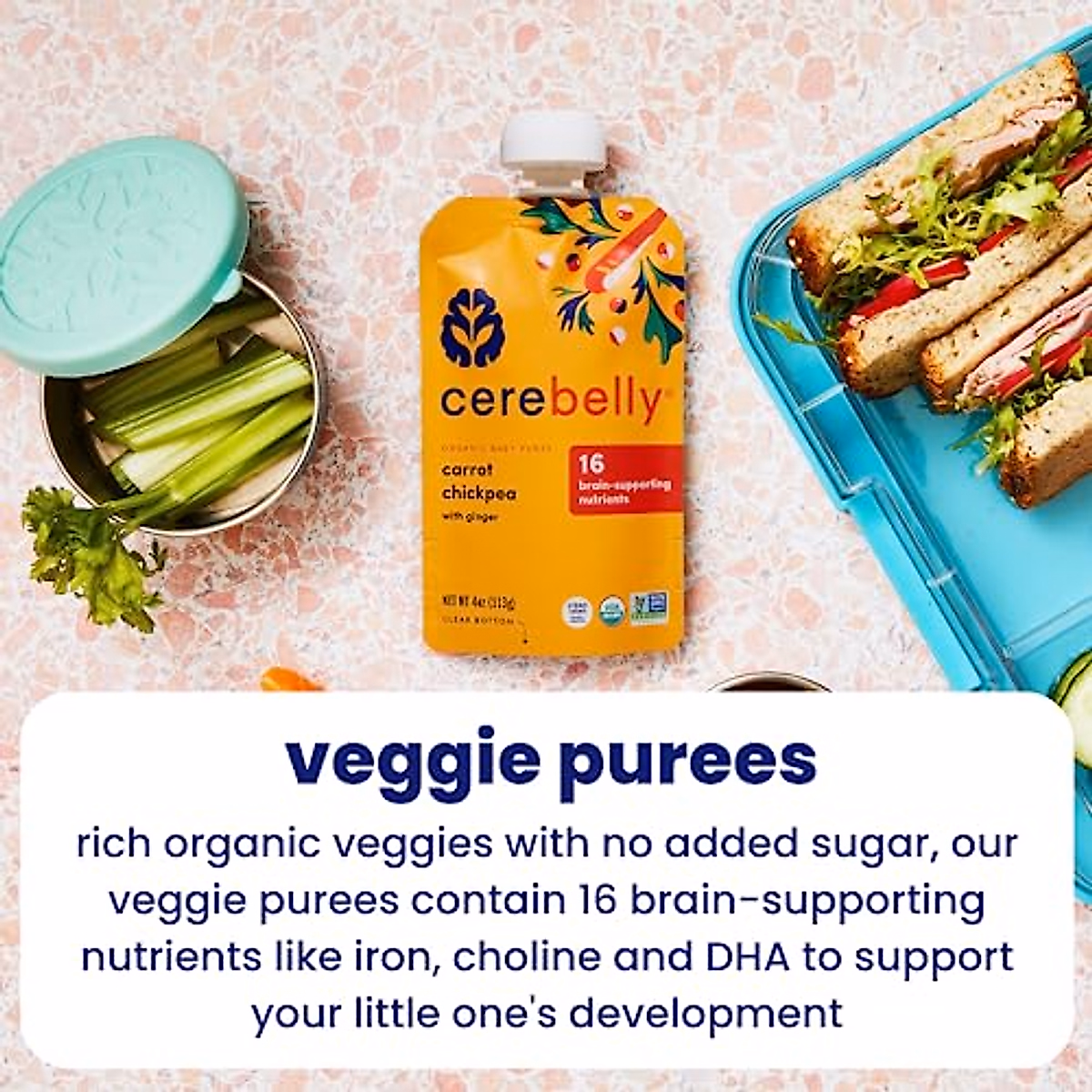 Cerebelly Baby Food Pouches - Organic Beans & Veggies Purees Variety Pack (4 oz, Pack of 8) Toddler Snacks - 16 Brain-supporting Nutrients - Healthy Snacks, Gluten-Free, BPA-Free, Non-GMO