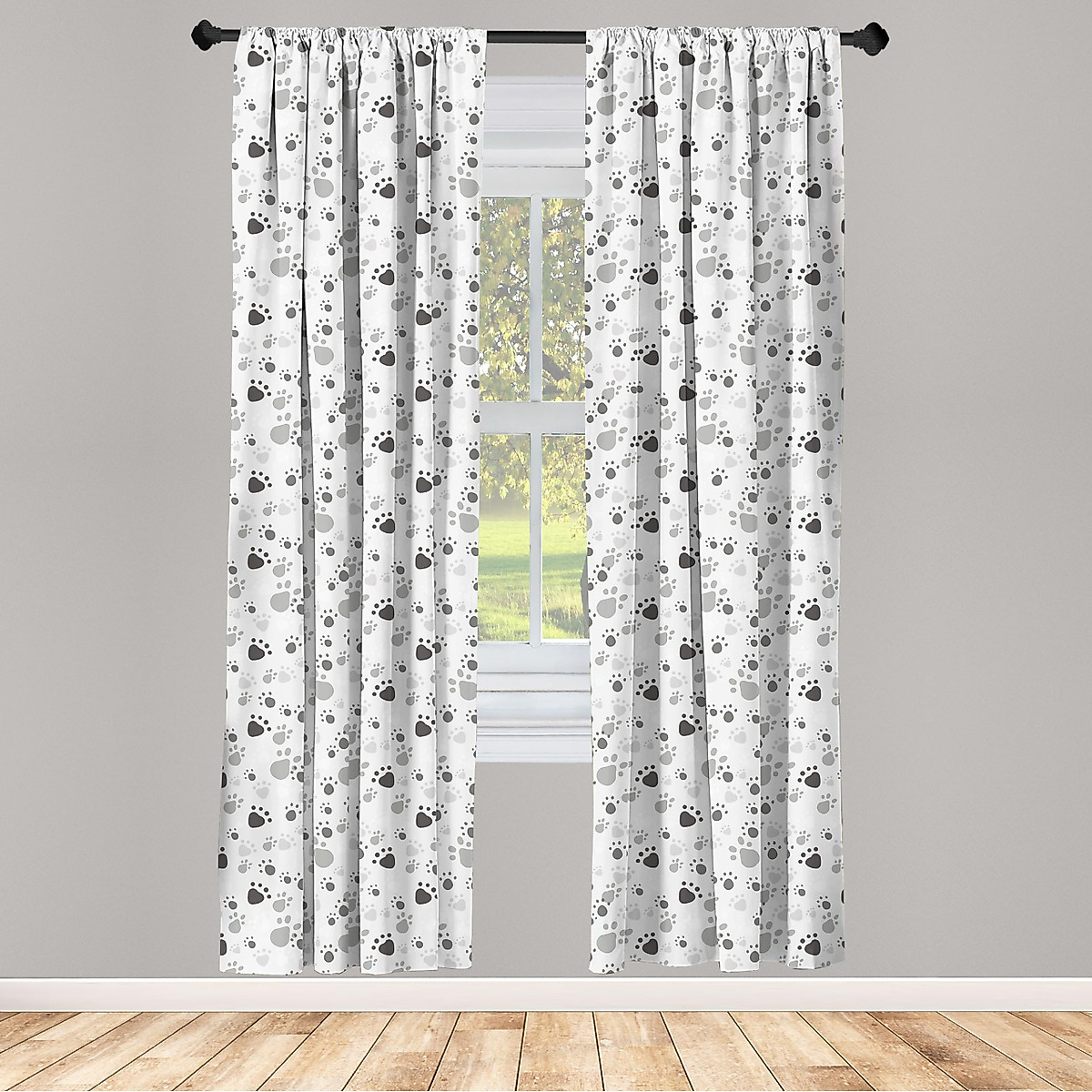 Lunarable Grey Curtains, Pattern with Random Footprints Paw Traces Pet Legs Friendly Cats and Dogs, Window Treatments 2 Panel Set for Living Room Bedroom, Pair of - 28" x 63", Charcoal Grey