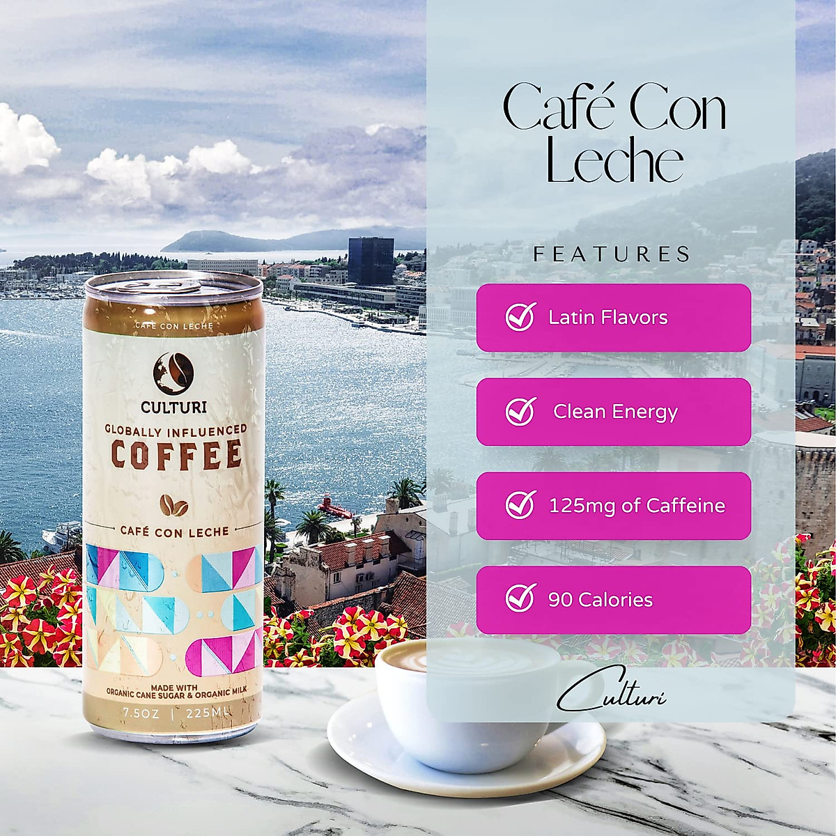 Culturi Organic Canned Coffee - All Natural Non-GMO Cold Brew Coffee with Whole Milk and Cane Sugar - Cafe Con Leche - Preservative Free, Shelf Stable, Best Served Cold (12 Pack of Cans)