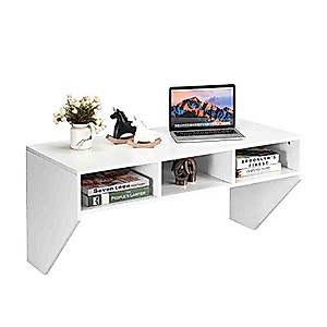 WATERJOY Wall Mounted Desk Computer Desk Floating Table, Home Office Working Desk, Wall Mounted Console Workstation Laptop PC Table with Storage Shelves White