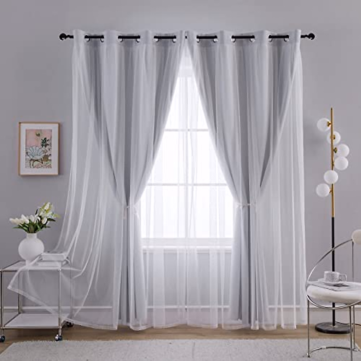 Anytime Home Curtains Blackout and Sheer Layered Solid Window Curtain Panel Pair with Grommet Top, 52Wx63L,Greyish White