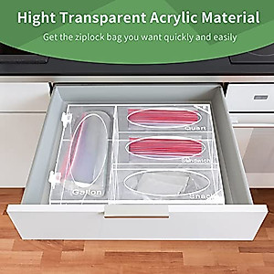 Acrylic Ziplock Food Bag Storage Organizer Acrylic Baggie Organizer, Acrylic Kitchen Drawer Baggie Box For Gallon Quart Sandwich Snack, Compatible With Variety Size Ziplock Bags Dispenser (Clear)