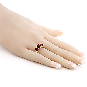 Gem Stone King 18K Yellow Gold Plated Silver Red Created Ruby 3 Stone Ring For Women (2.88 Cttw, Heart Shape 6MM, Available In Size 5, 6, 7, 8, 9)